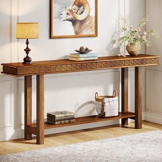 70.9" Extra Long Console Table, Rustic Solid Wood Sofa Table Behind Couch, 2-Tier Entryway ...